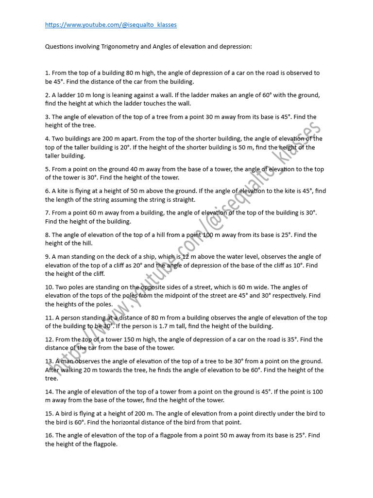 Questions Involving Trigonometry and Angles of Elevation and Depression ...