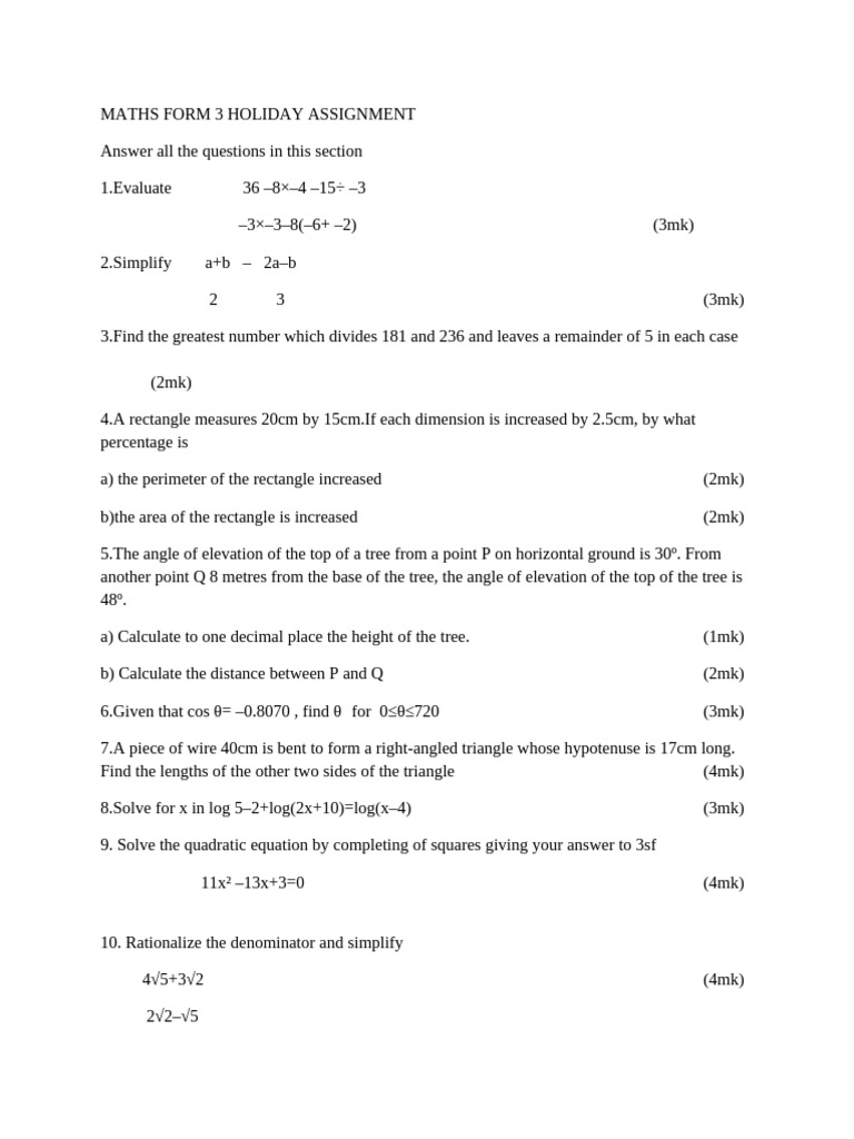 Maths Form 3 Holiday Assignment | PDF