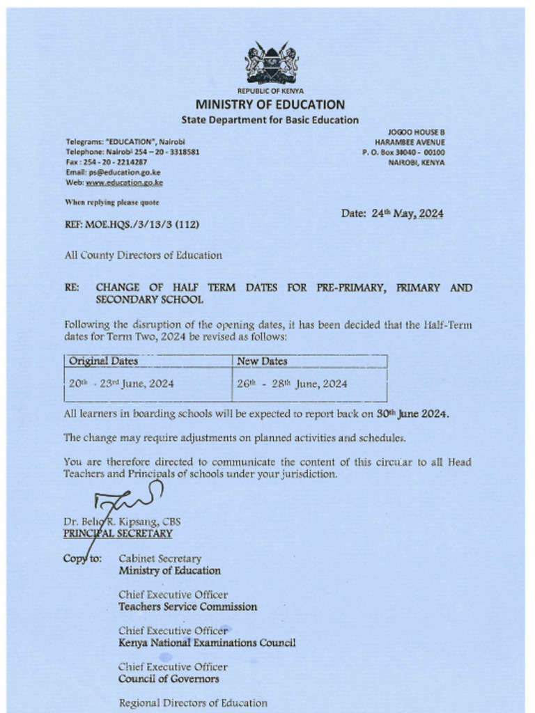 Change of Half Term Dates For Term Two, 2024 | PDF