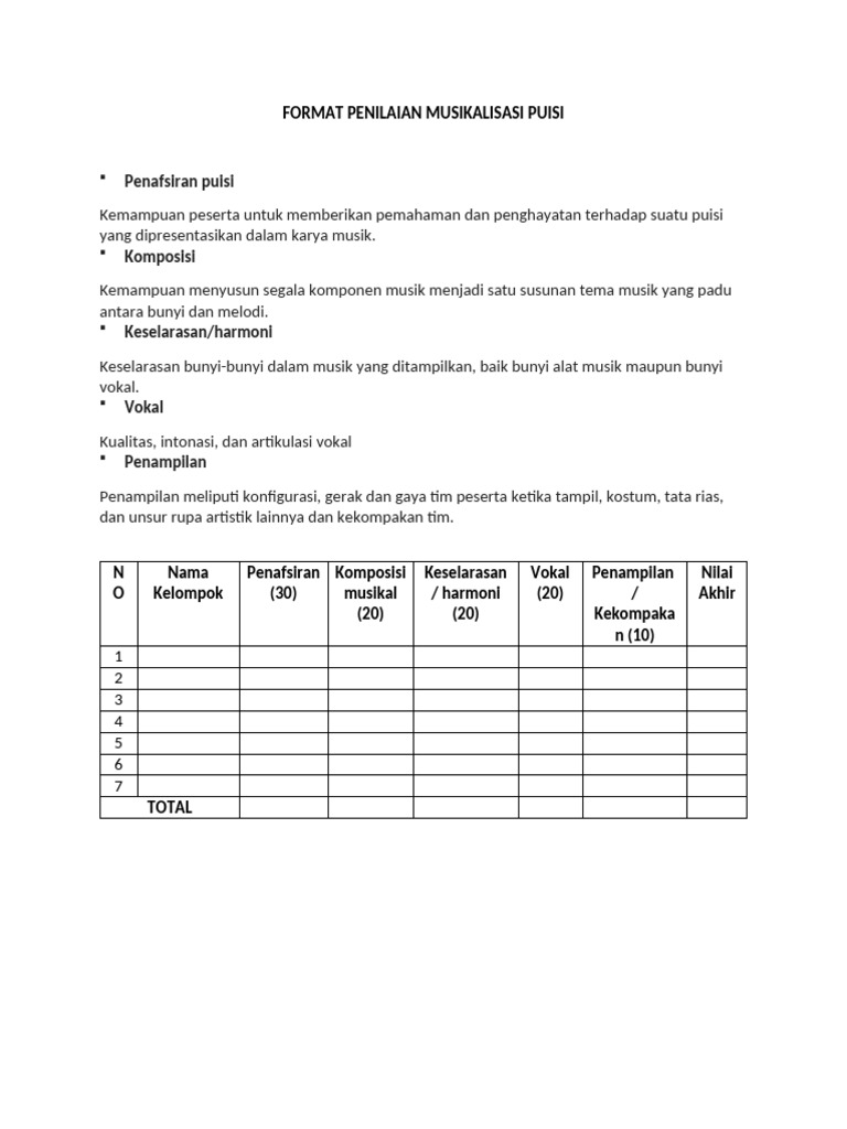 Format Penilaian Musikalisasi Puisi | PDF