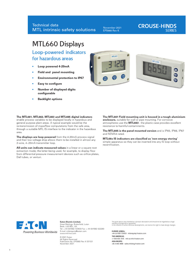Crouse Hinds mtl660 Intrinsically Safe Indicators Datasheet | PDF