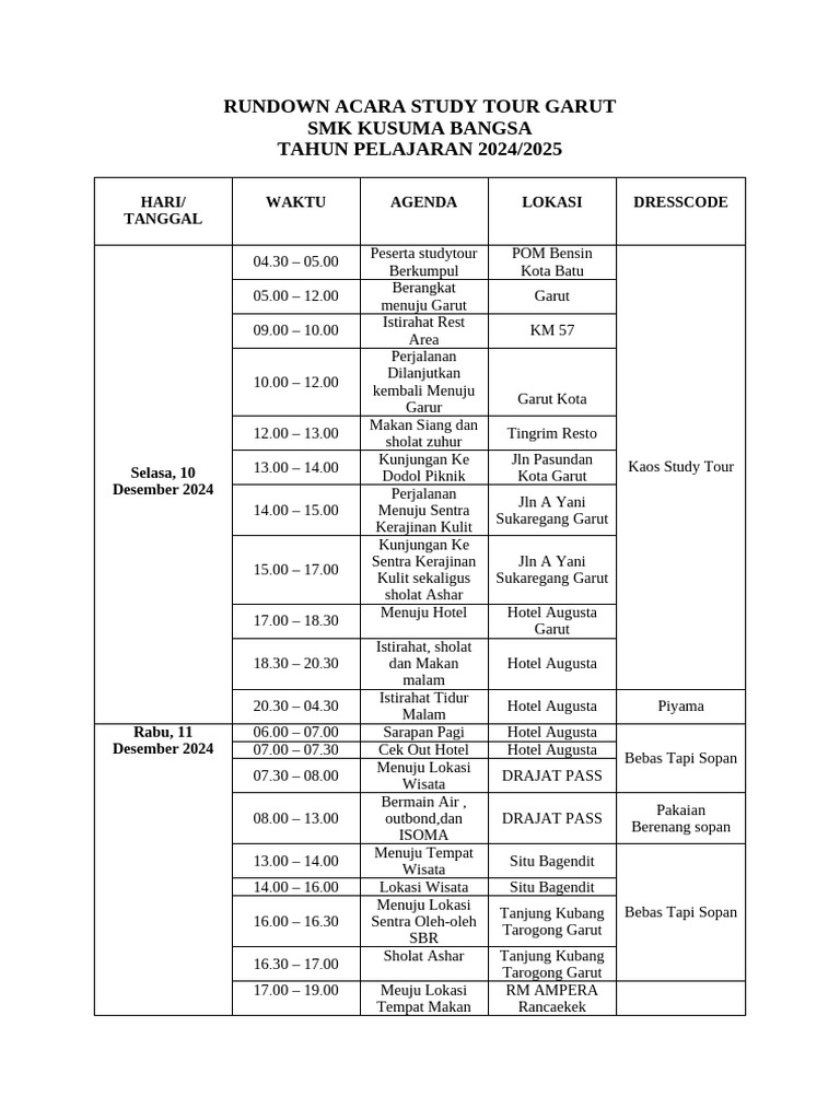Rundown Acara Study Tour Garut | PDF