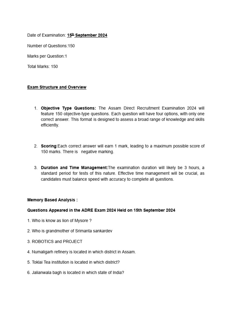 ADRE Question Paper 15th September | PDF