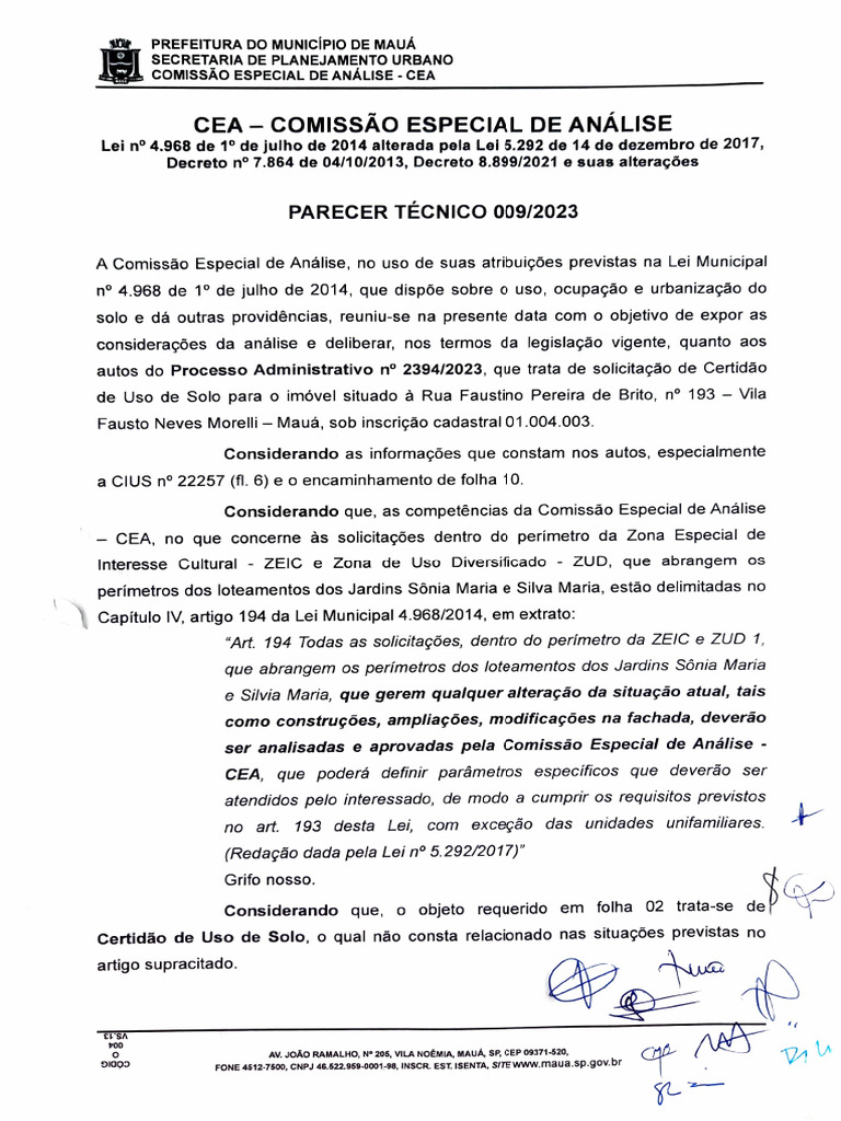 Parecer Técnico CEA 009 - 2023 - Uso de Solo em ZEIC | PDF