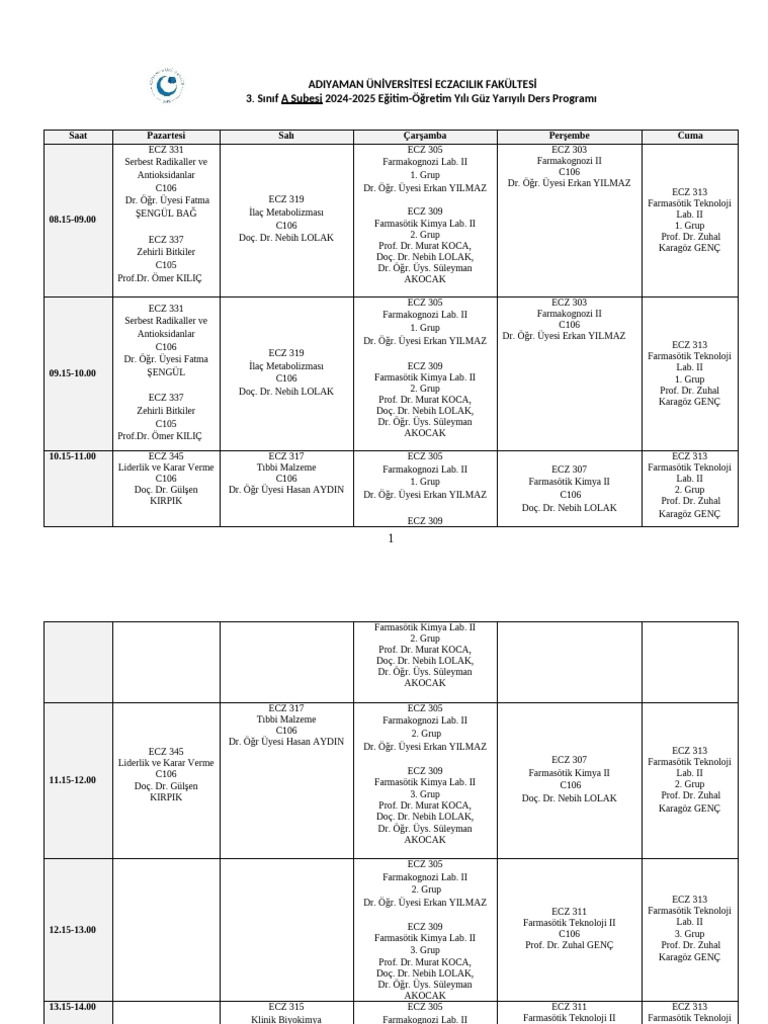 Sinif Ders Programi 2024-2025 Guz Donemi | PDF