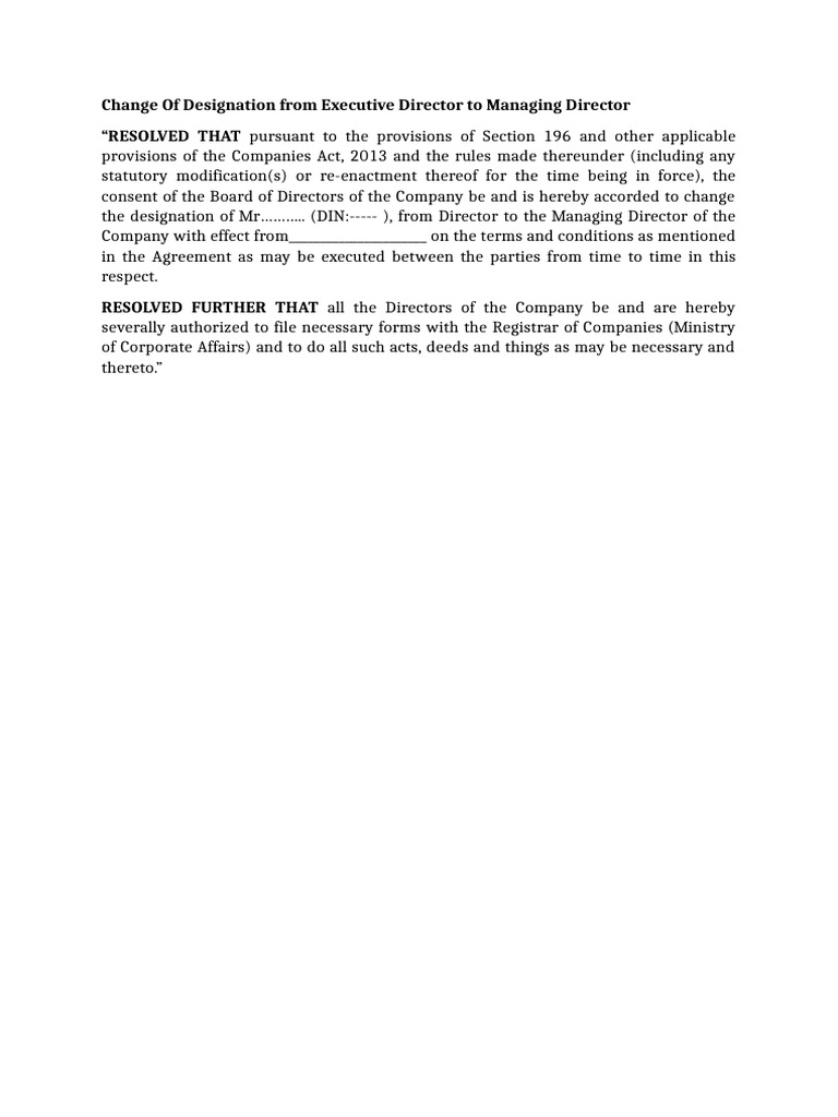 Resolutions For Change of Designation Director To MD | PDF