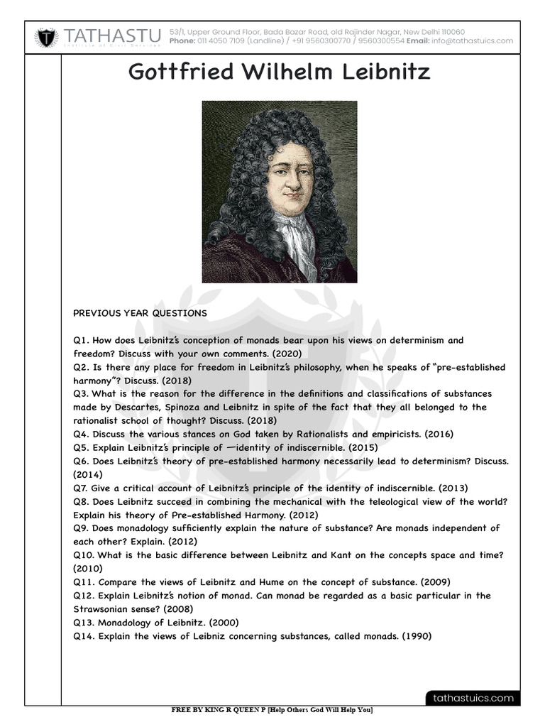 Gottfried Wilhelm Leibnitz Notes2024 Philosophy TanuJain KING R | PDF