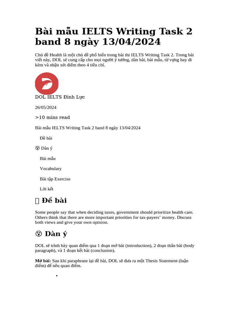 Bài mẫu IELTS Writing Task 2 band 8 ngày 13/04/2024: Dol Ielts Đình Lực ...