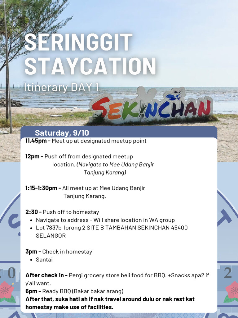 Seringgit Sekinchan Itinerary | PDF