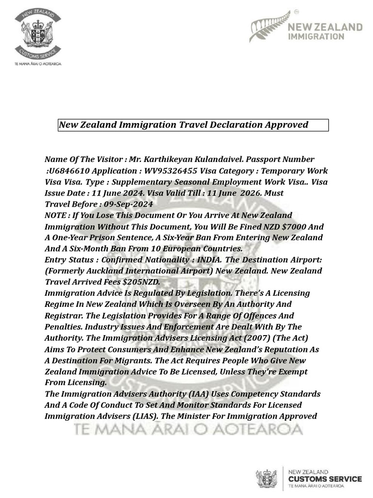 Travel Declaration NZ For Karthikeyan Kulandaivel | PDF | Travel Visa | License