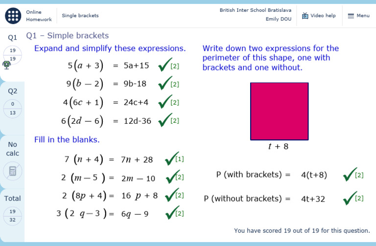 MyiMaths Homework - Single Brackets | PDF