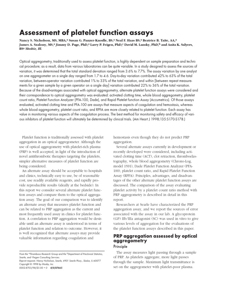 Assessment of Platelet Assays, Nicholson Etal, 1998-135-5-AHJ | PDF