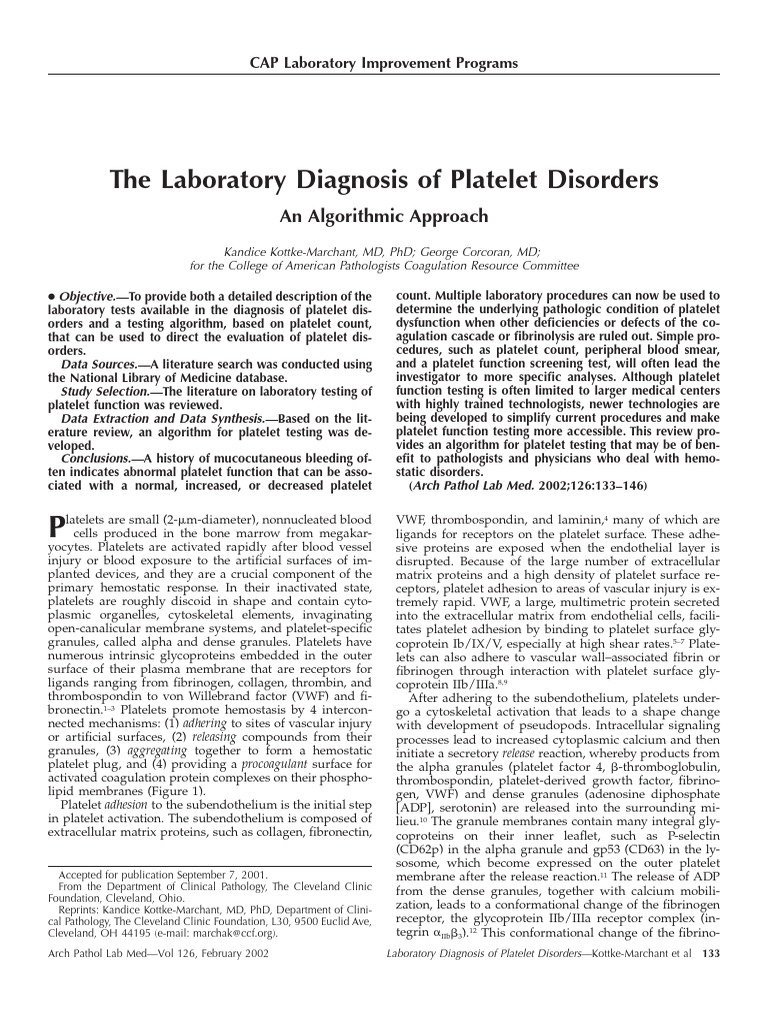 The Laboratory Diagnosis of Platelet Disorders An Algorithmic Approach ...