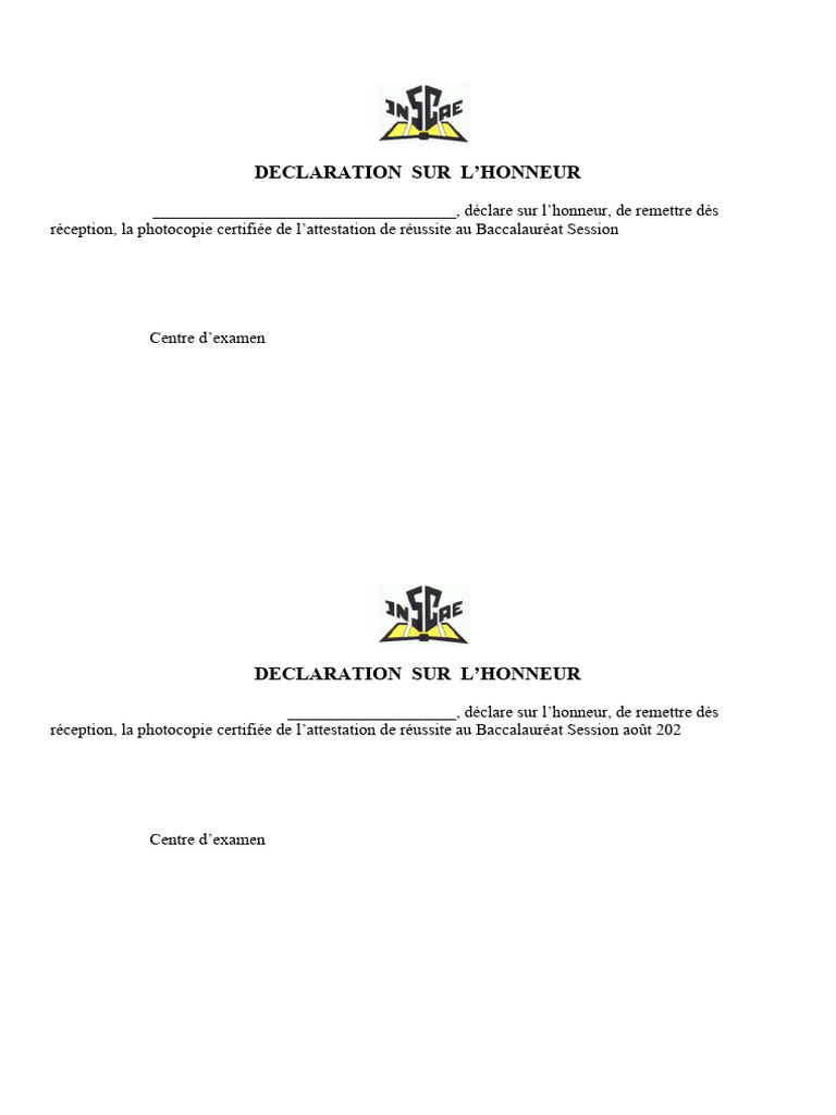Déclaration sur l'honneur Baccalauréat 2023 | PDF