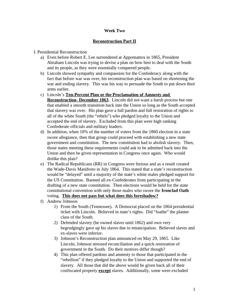 Reconstruction Part Two Lecture Notes and Supplementary Info | PDF