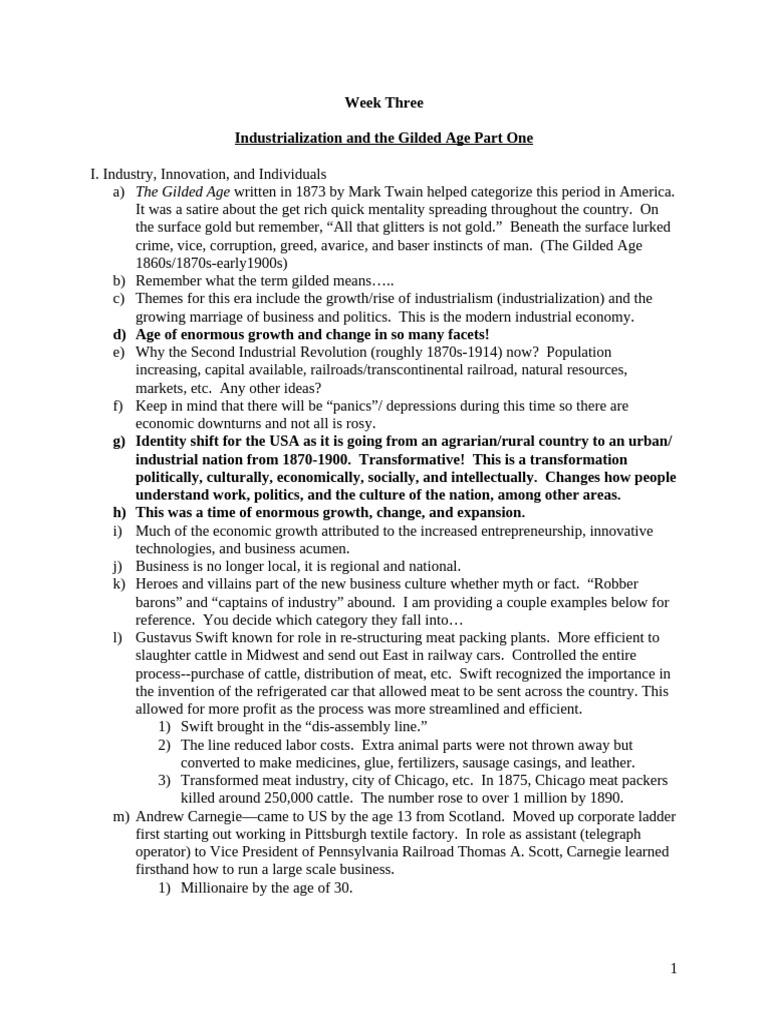 The Gilded Age and Industrialization Part One Lecture Outline | PDF