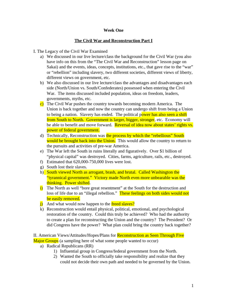 The Civil War and Reconstruction Part One Lecture Notes and ...