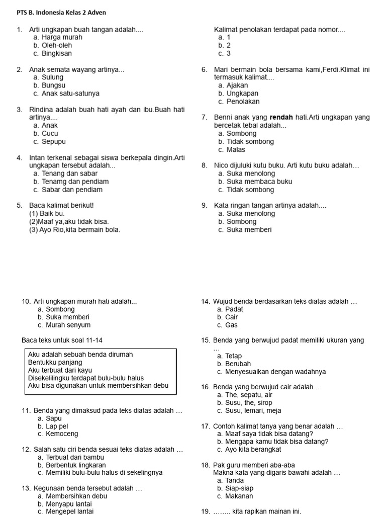 Rangkap 2 PTS B. Indonesia Kelas 2 Adven | PDF