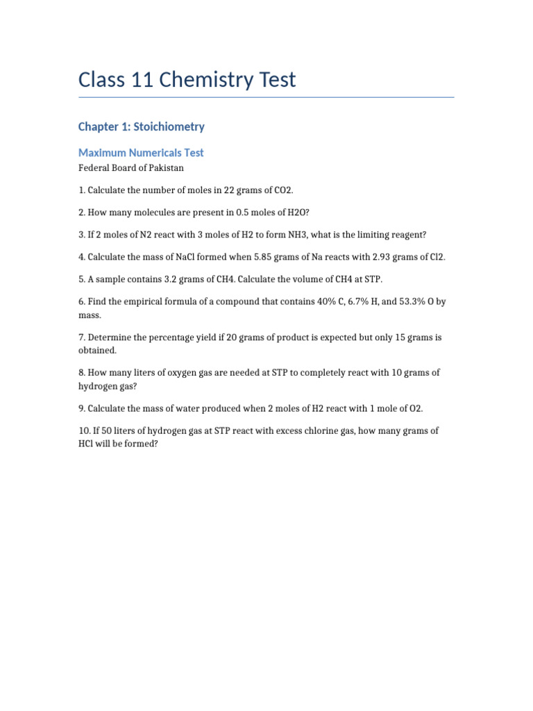 Stoichiometry Test Paper | PDF