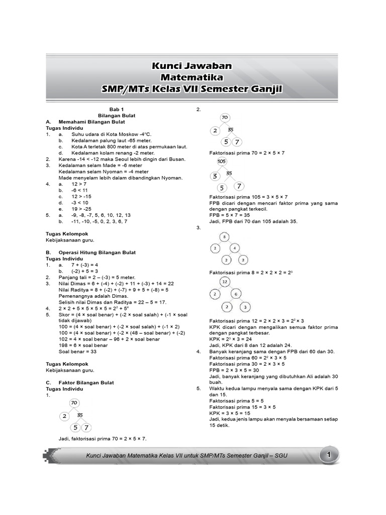 Kunci Ringkas Mat 7 S1 K21 | PDF