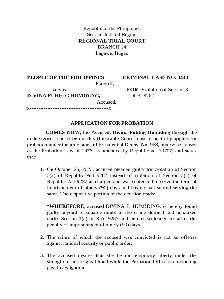 Application For Probation - DIVINA P. HUMIDING | PDF | Probation | Law