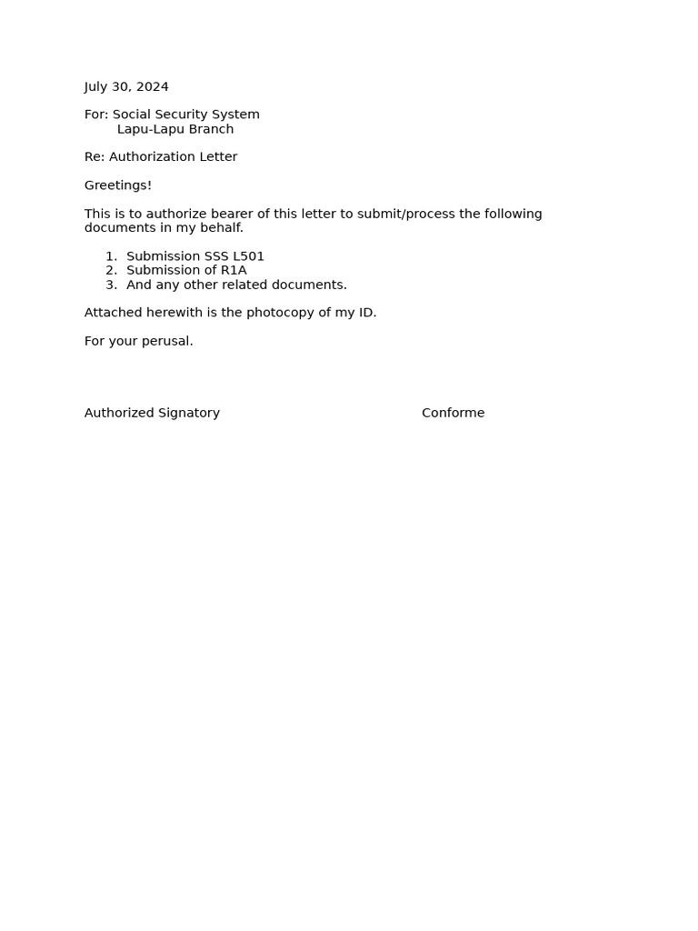 Authorization Letter - Sss | PDF