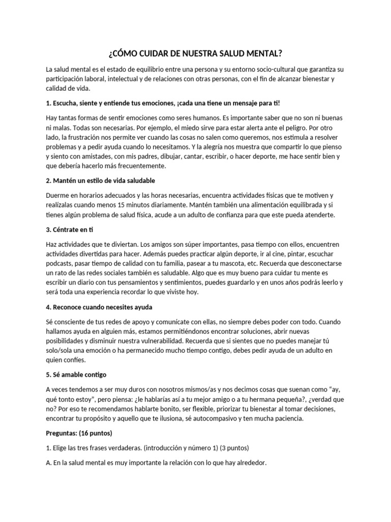 Spanish Reading Comprehension - Salud Mental | PDF