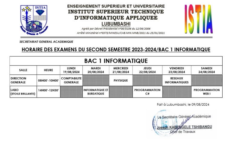 Bac1-Info Horaire Examens Second Semestre 2023-2024 | PDF