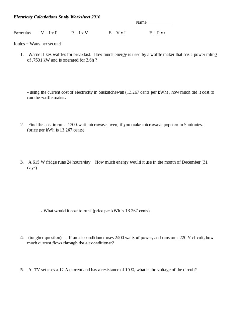 Electricity Cost Worksheet Extra Sheet | PDF