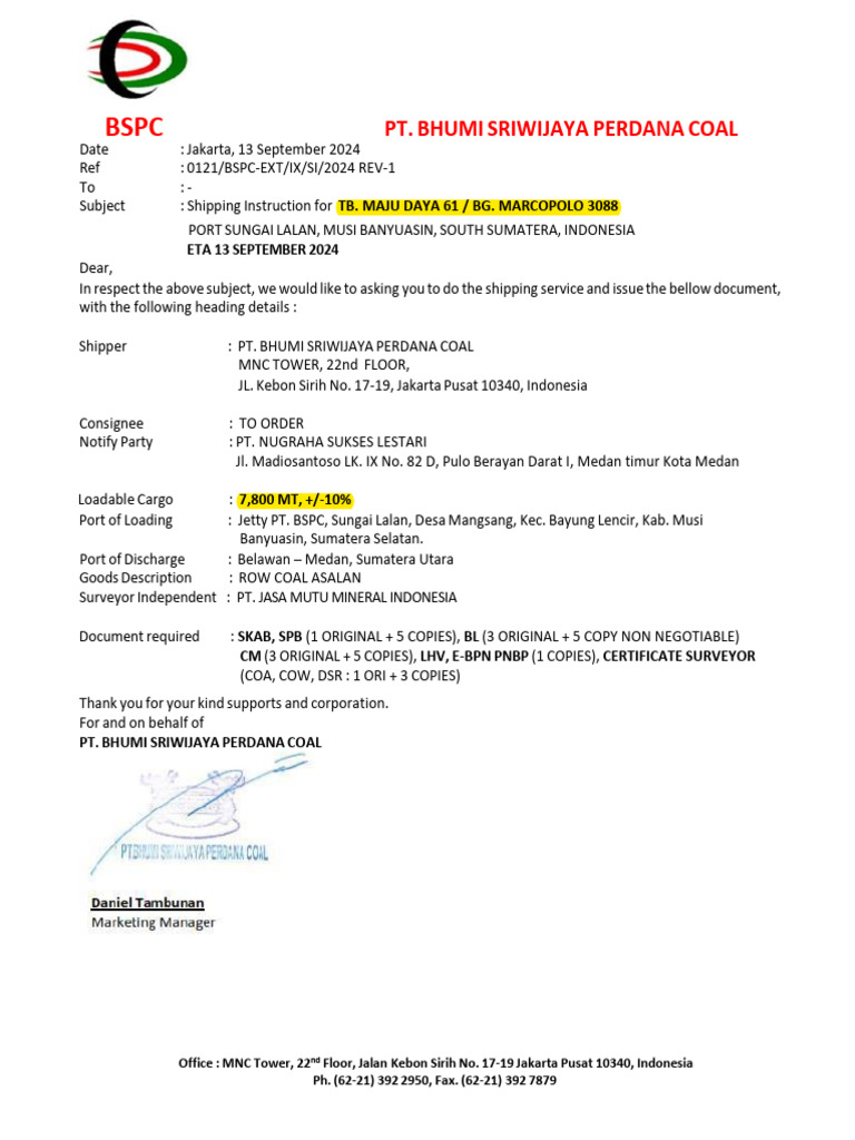 0121 Si SPK BSPC-NSL, Bg. Sinar Lestari 302, Eta 13 September 2024, 8000 MT, Pt. Jammin | PDF