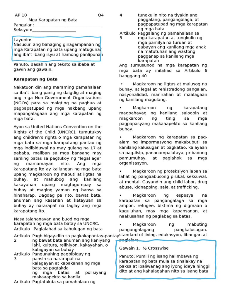 LAS_ap10_4qtr Mga Karapatan ng Bata | PDF