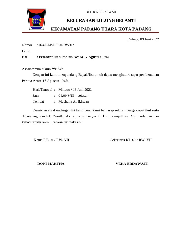 SURAT UNDANGAN RAPAT 17 AGUSTUS | PDF