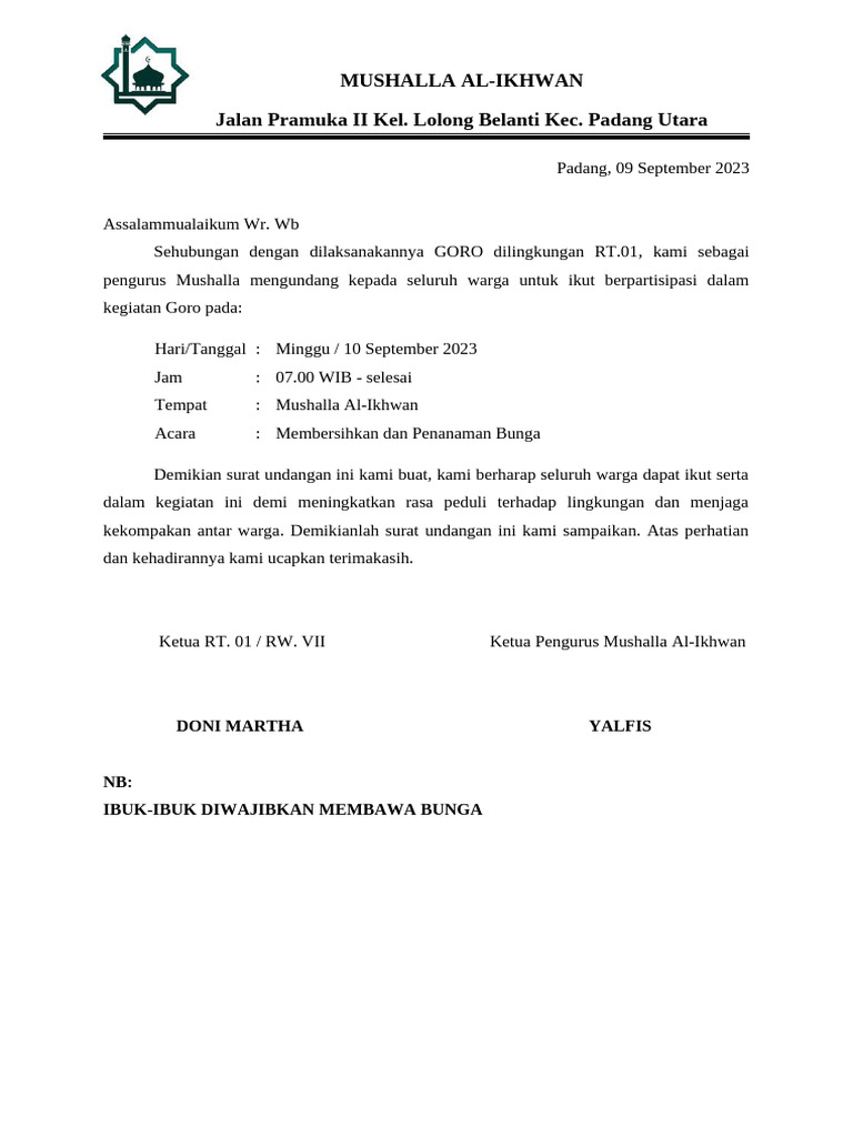 Surat Undangan Goro Mushalla | PDF