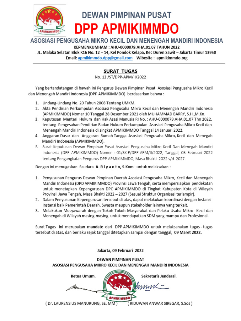 Surat Tugas Mandat APMIKIMMDO - DPD JATENG | PDF