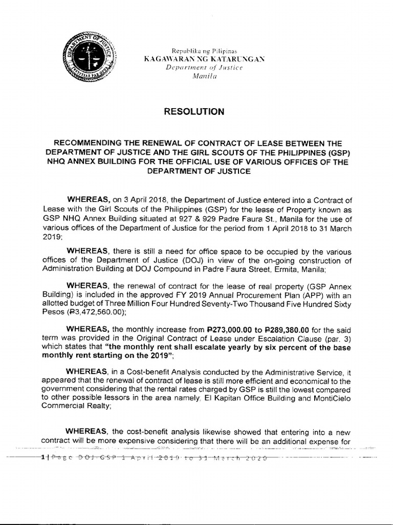 BAC Resolution - Renewal of Contract of Lease Between DOJ and The GSP ...