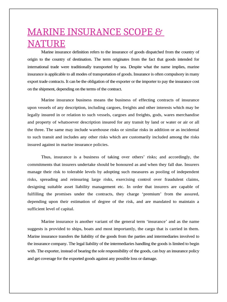 Nature Scope of Marine Insurance, Salient Features of Marine Insurance ...