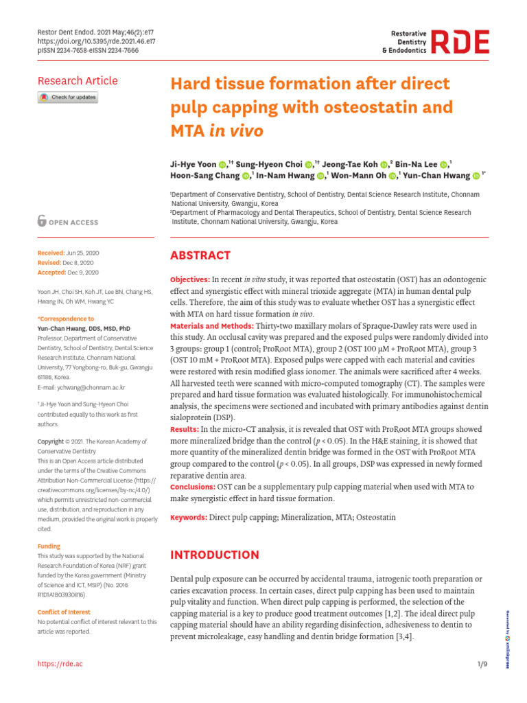 Hard Tissue Formation After Directpulp Capping With Osteostatin and MTA ...
