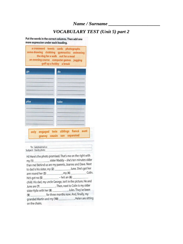 VOCABULARY TEST (Unit 5) | PDF
