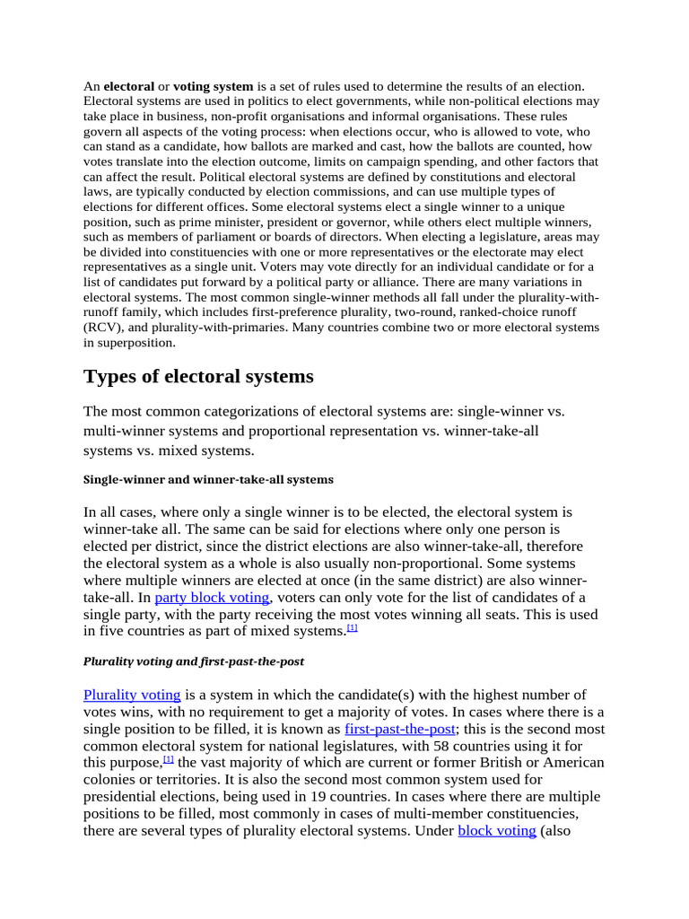 Types of Electoral Systems | PDF