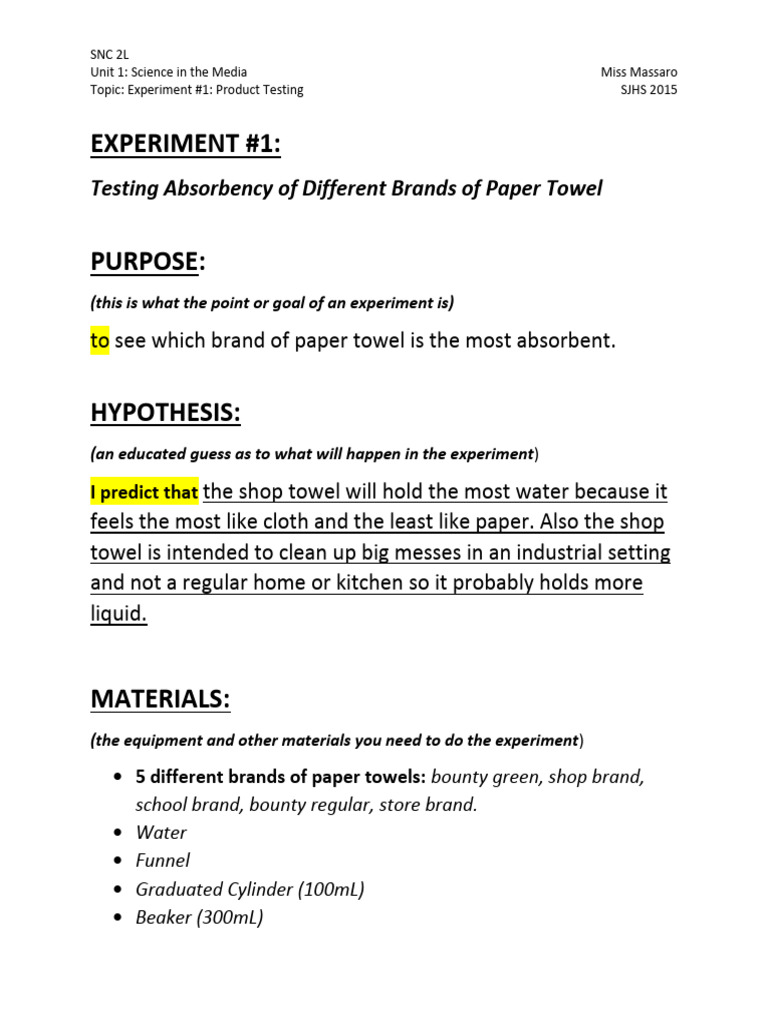 Unit 1 - Experiment 1 - Product Comparison - Paper Towel Answer Key | PDF