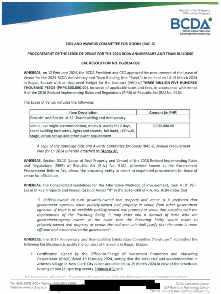 BACG Reso For The Procurement of The Lease of Venue For The 2024 BCDA ...