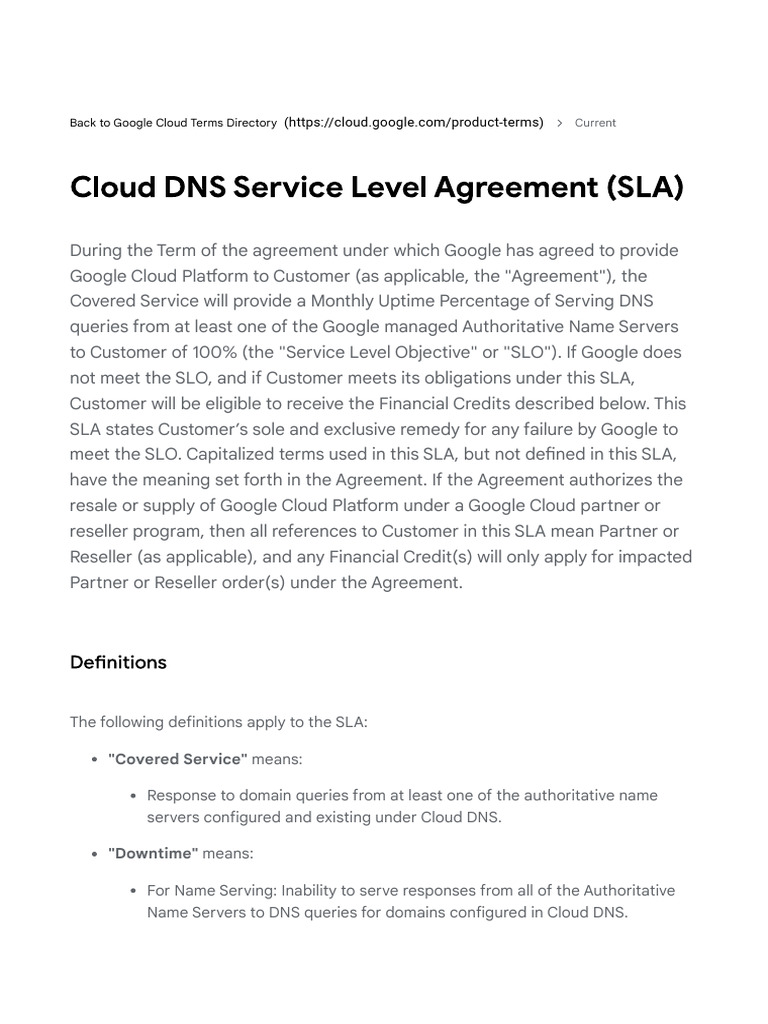 Cloud DNS Service Level Agreement (SLA) - Google Cloud | PDF