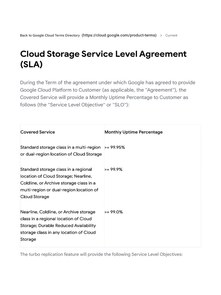Cloud Storage Service Level Agreement (SLA) - Google Cloud | PDF