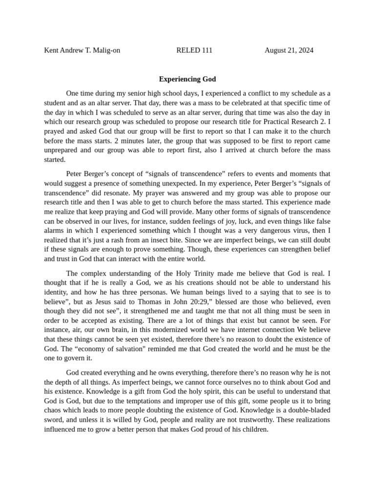 Experiencing God: Signals of Faith | PDF | God | Existence