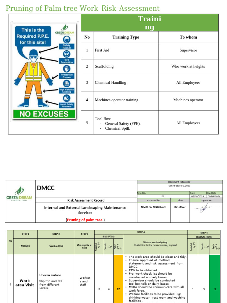 Risk Assessment Green Dream DMCC Pruning of Palm Tree | PDF
