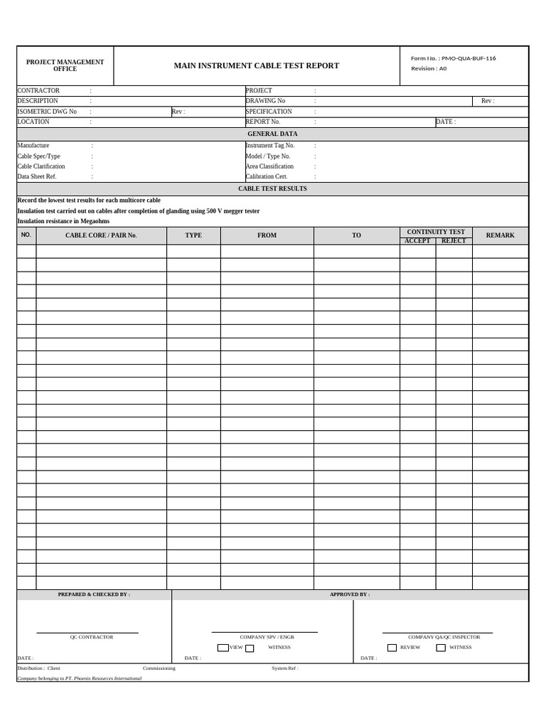 Pmo-qua-buf-116 Rev.a0 - Main Instrument Cable Test Report | PDF