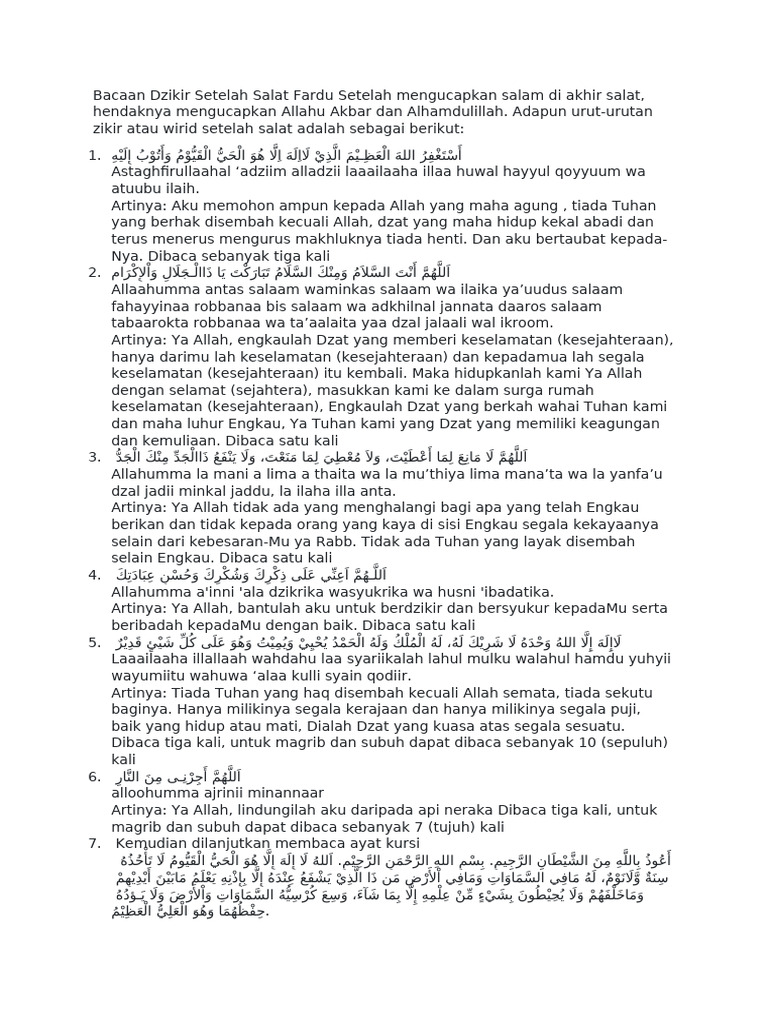 Bacaan Dzikir Setelah Salat Fardu Setelah Mengucapkan Salam Di Akhir Salat | PDF