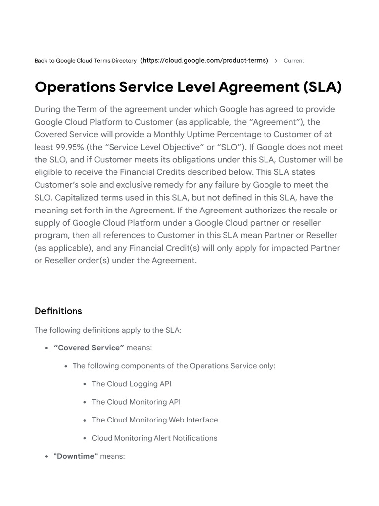 Operations Service Level Agreement (SLA) _ Google Cloud | PDF