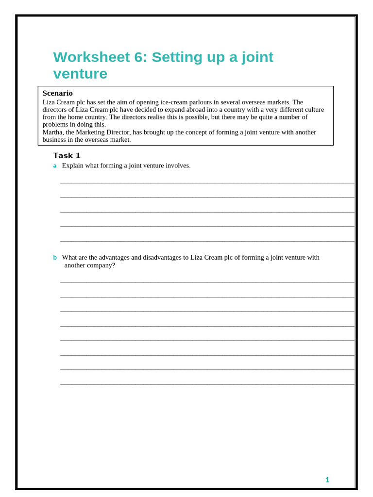 Worksheet 10- Setting up a joint venture | PDF