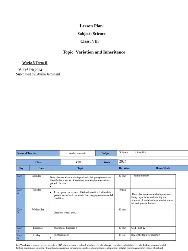 lesson plan 8 week 5 genetics 2024 | PDF